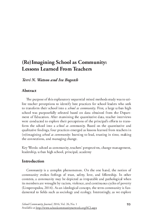 (PDF) (Re)Imagining School as Community: Lessons Learned from Teachers