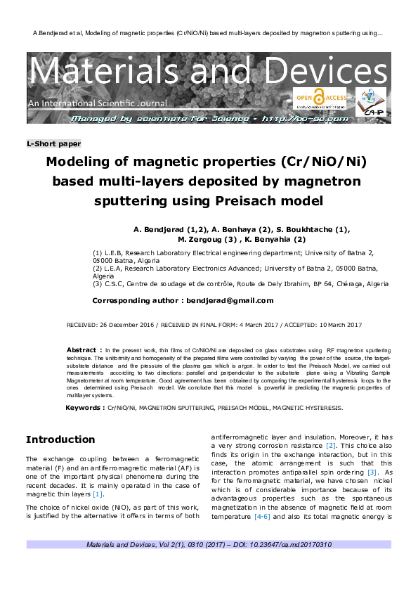 (PDF) Modeling of magnetic properties (Cr/NiO/Ni) based multi-layers deposited by magnetron ...