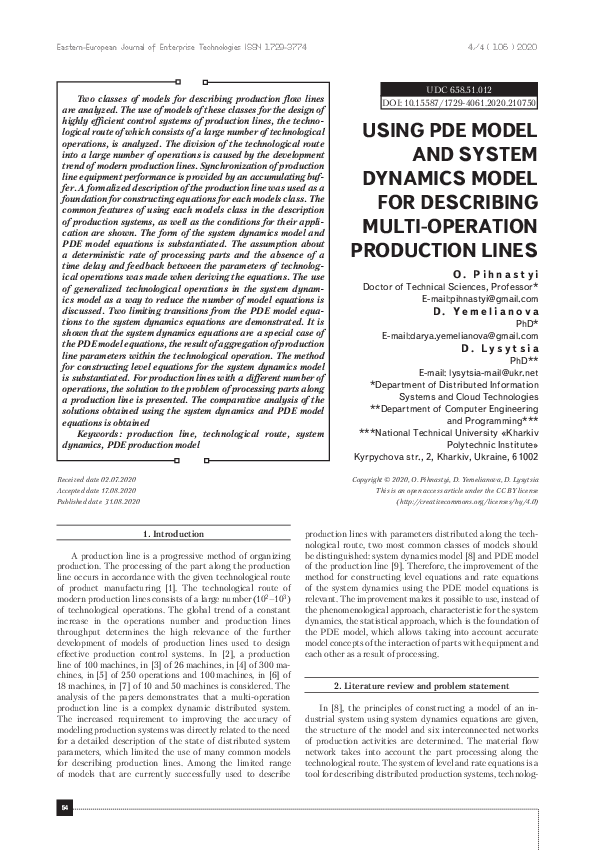 Pdf Using Pde Model And System Dynamics Model For Describing Multi Operation Production Lines