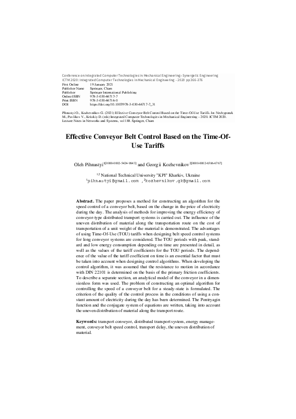 (PDF) Effective Conveyor Belt Control Based on the Time-Of-Use Tariffs