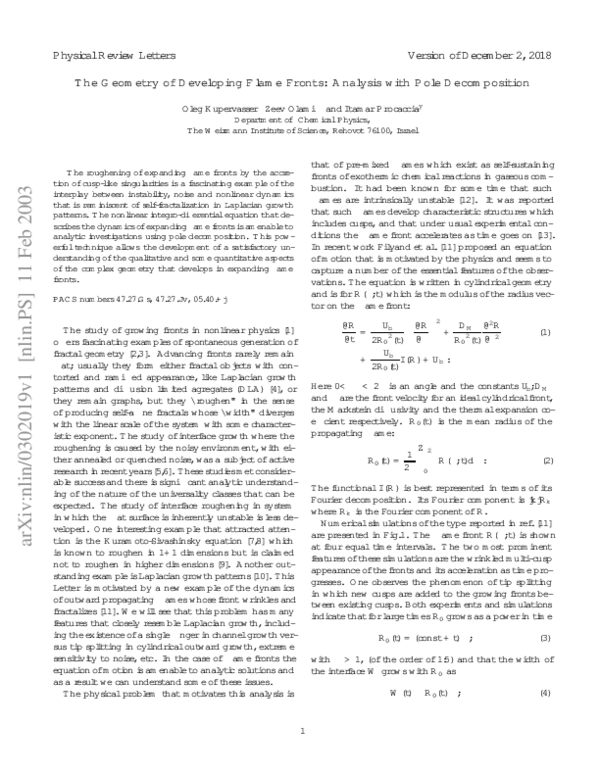 (PDF) The Geometry of Developing Flame Fronts: Analysis with Pole Decomposition