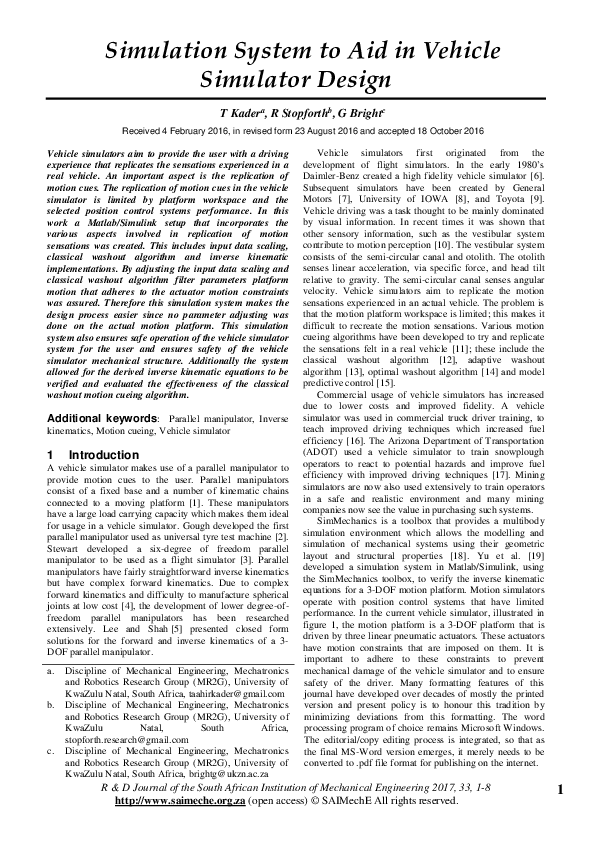 (PDF) Simulation System to Aid in Vehicle Simulator Design