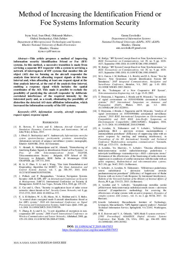 (PDF) Method of Increasing the Identification Friend or Foe Systems Information Security