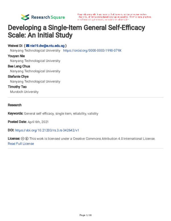 (PDF) Developing a Single-Item General Self-Efficacy Scale: An Initial Study