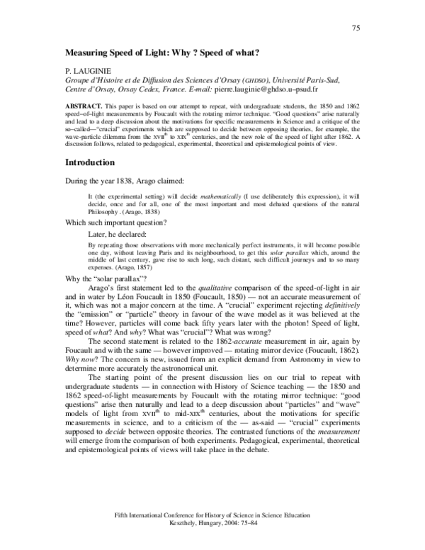 (PDF) Measuring Speed of Light: Why ? Speed of what? | Pierre Lauginie ... (PDF) Measuring Speed of Light: Why ? Speed of what? | Pierre Lauginie ...