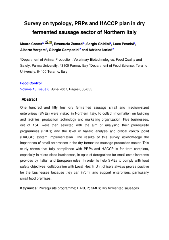 (PDF) Survey on typology, PRPs and HACCP plan in dry fermented sausage sector of Northern Italy