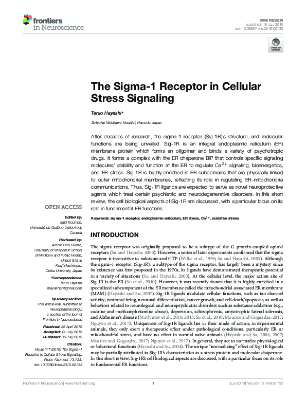 (PDF) The Sigma-1 Receptor in Cellular Stress Signaling