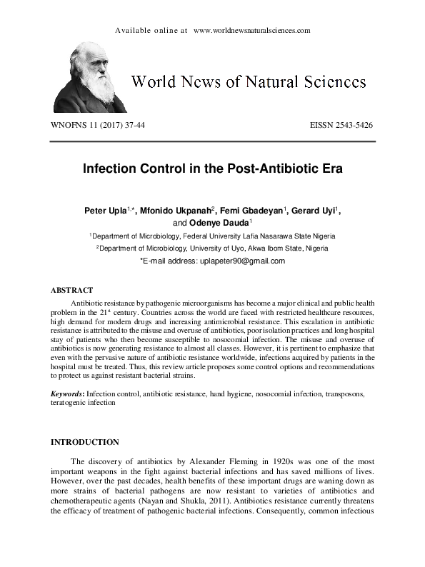 (PDF) Infection Control in the Post-Antibiotic Era | Femi Gbadeyan ...