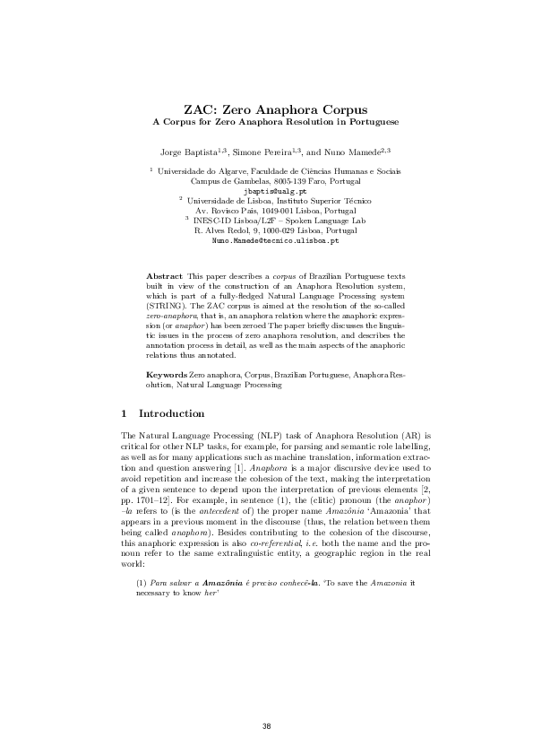 Pdf Zac Zero Anaphora Corpus A Corpus For Zero Anaphora Resolution In Portuguese