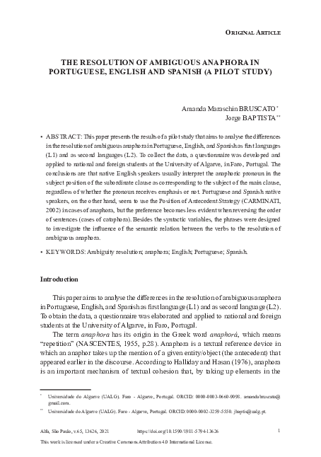 (PDF) The Resolution of Ambiguous Anaphora in Portuguese, English and Spanish (A Pilot Study)