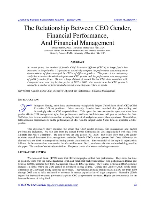 (PDF) The Relationship between CEO Gender, Financial Performance and Financial Management