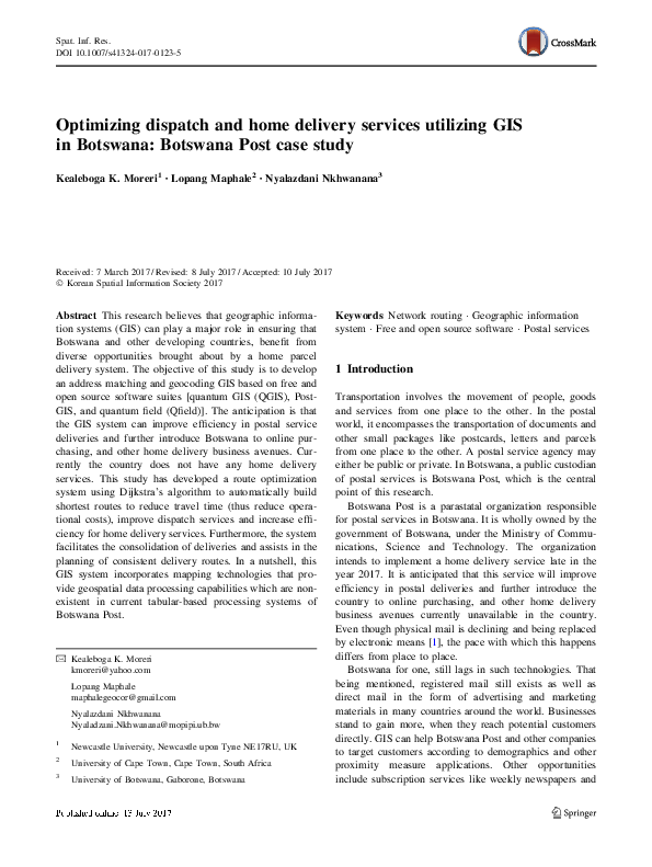 (PDF) Optimizing dispatch and home delivery services utilizing GIS in Botswana: Botswana Post ...