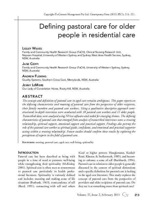 (PDF) Defi ning pastoral care for older people in residential care