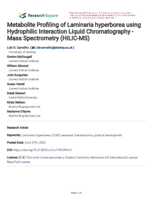 (PDF) Metabolite Profiling of Laminaria hyperborea using Hydrophilic Interaction Liquid ...