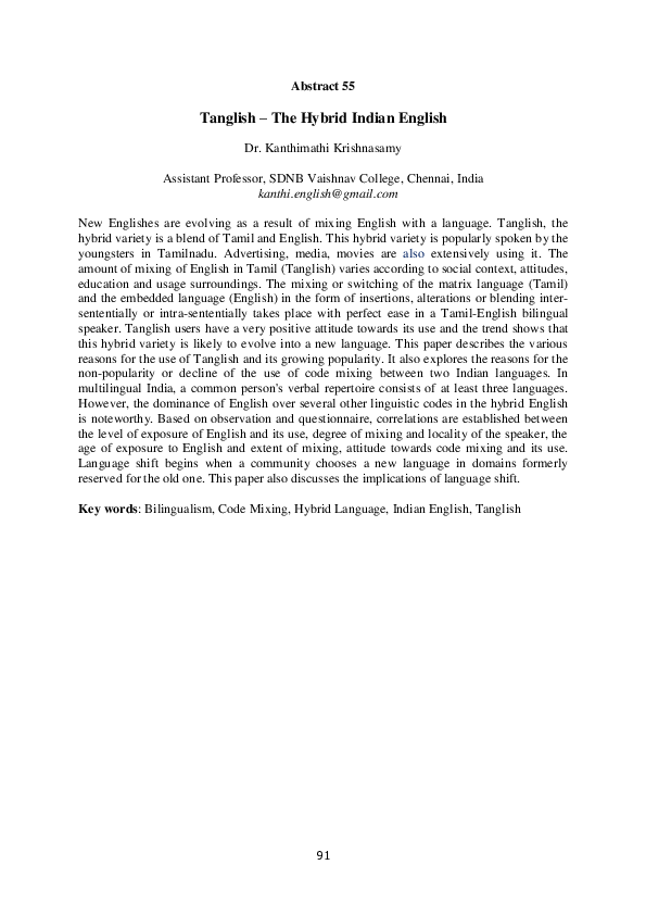(PDF) Tanglish – The Hybrid Indian English