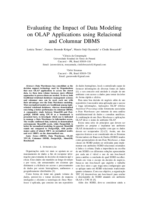 (PDF) Evaluating the Impact of Data Modeling on OLAP Applications using Relacional and Columnar DBMS