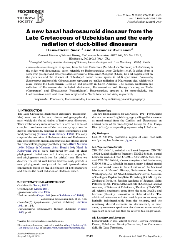 (PDF) A new basal hadrosauroid dinosaur from the Late Cretaceous of ...
