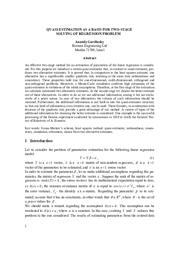 (PDF) Quasi-estimation as a Basis for Two-stage Solving of Regression ...