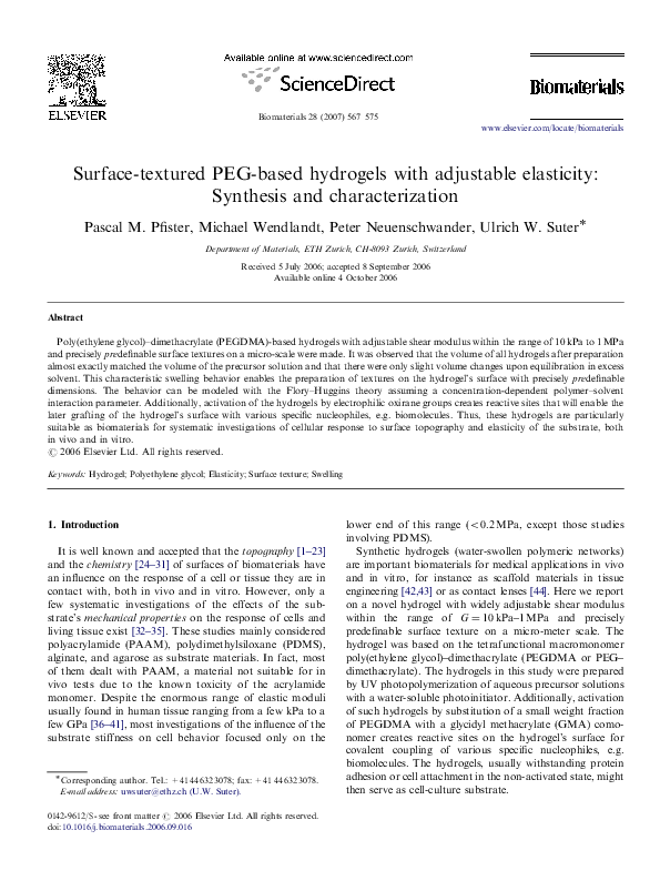 (PDF) Surface-textured PEG-based hydrogels with adjustable elasticity ...