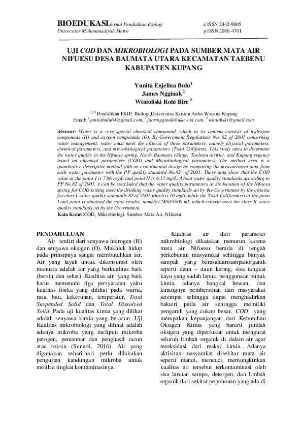 (PDF) Uji Cod Dan Mikrobiologi Pada Sumber Mata Air Nifuesu Desa Baumata Utara Kecamatan Taebenu ...