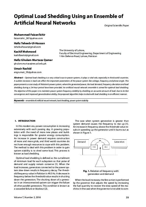 (PDF) Optimal Load Shedding Using an Ensemble of Artificial Neural Networks