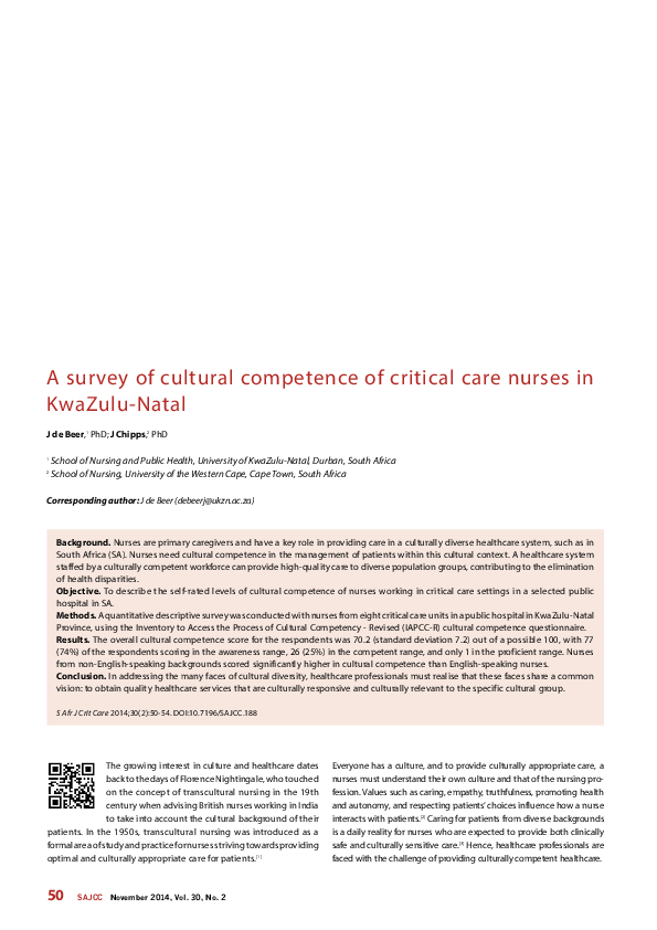 (PDF) A survey of cultural competence of critical care nurses in ...