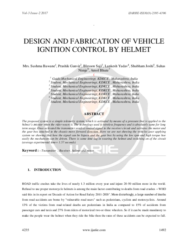 (PDF) Design and fabrication of vehicle ignition control by helmet