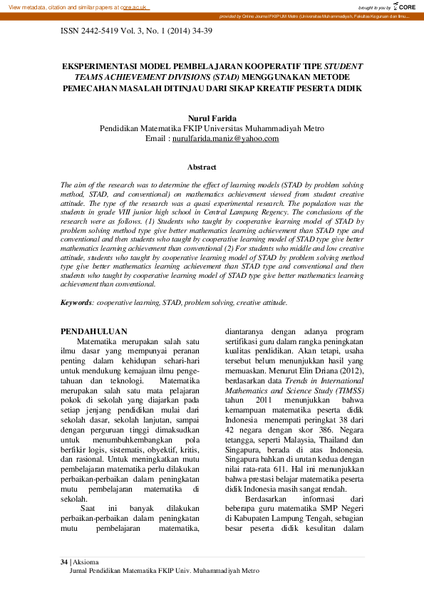 (PDF) Eksperimentasi Model Pembelajaran Kooperatif Tipe Student Teams Achievement Divisions ...