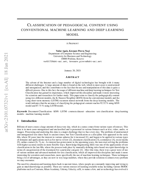 (PDF) Classification of Pedagogical content using conventional machine learning and deep ...