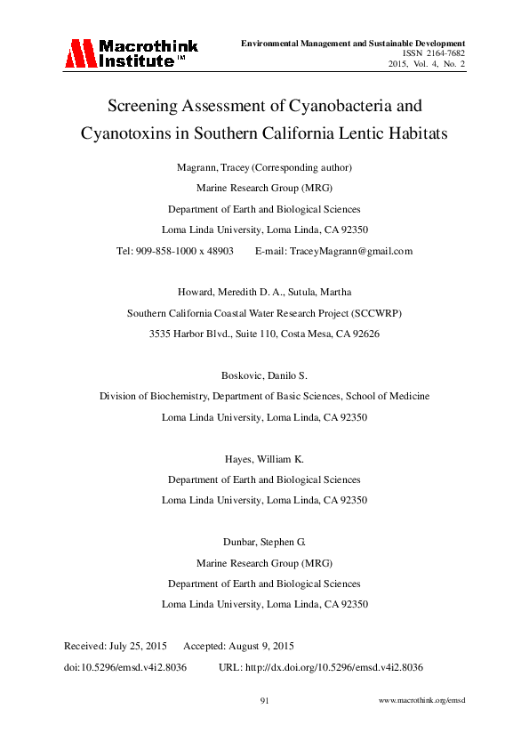 (PDF) Screening Assessment of Cyanobacteria and Cyanotoxins in Southern California Lentic Habitats