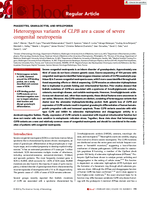 (PDF) Heterozygous variants of CLPB are a cause of severe congenital ...