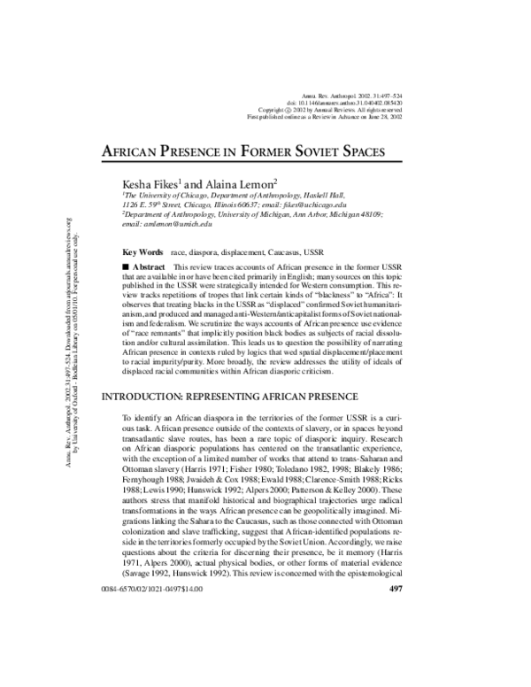 (PDF) African Presence in Former Soviet Spaces | Kesha Fikes - Academia.edu