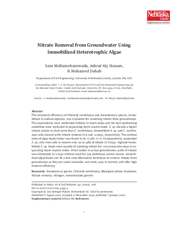 Pdf Nitrate Removal From Groundwater Using Immobilized Heterotrophic Algae