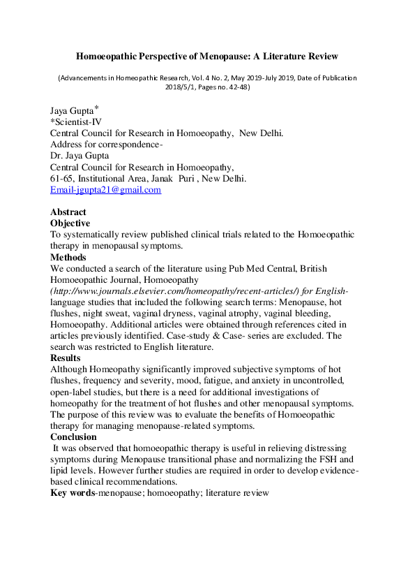 (PDF) Homoeopathic Perspective of Menopause: A Literature Review