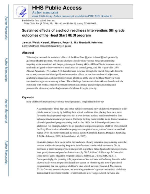 (PDF) Sustained effects of a school readiness intervention: 5th grade ...