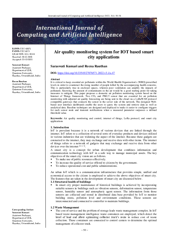 (PDF) Air quality monitoring system for IOT based smart city applications