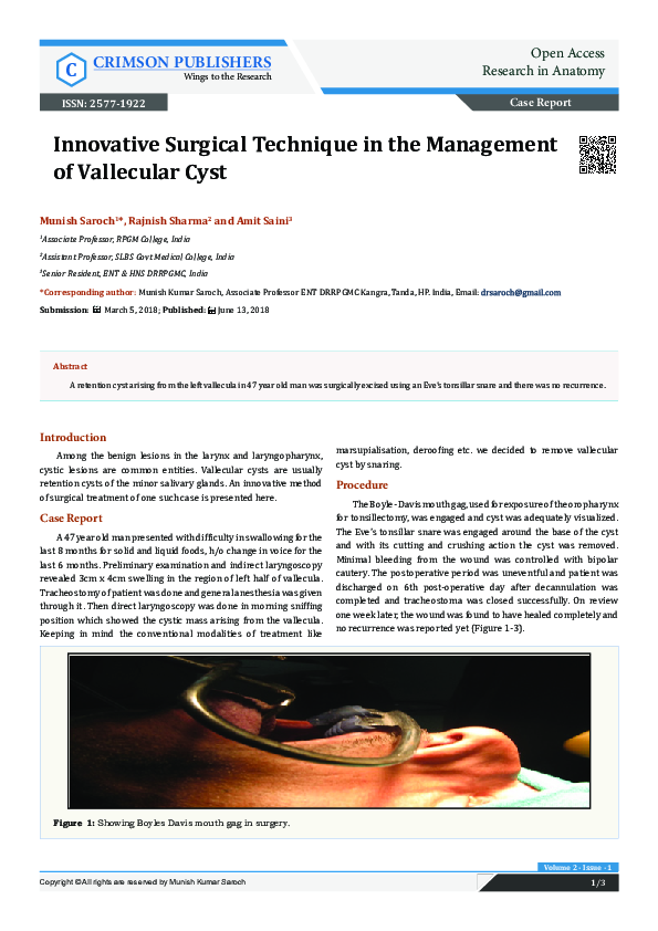 (PDF) Innovative Surgical Technique in the Management of Vallecular Cyst