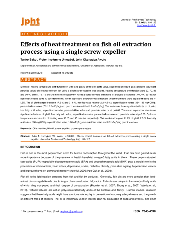 (PDF) Effects of heat treatment on fish oil extraction process using a ...