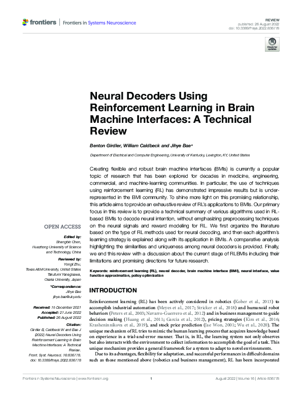 (PDF) Neural Decoders Using Reinforcement Learning in Brain Machine Interfaces: A Technical Review