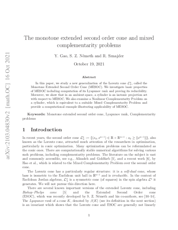 (PDF) The monotone extended second order cone and mixed complementarity problems | Roman ...