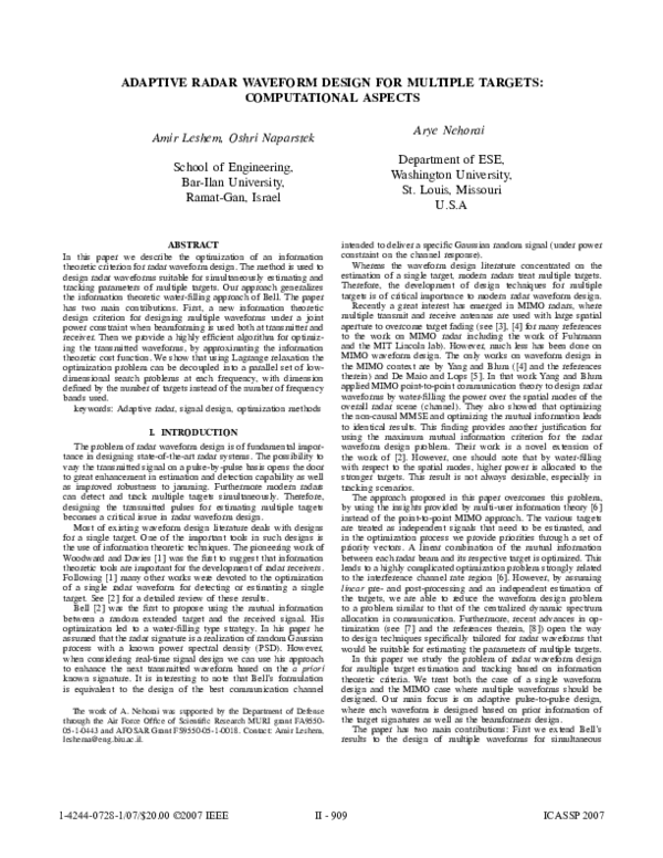 (PDF) Adaptive Radar Waveform Design for Multiple Targets: Computational Aspects | Arye Nehorai ...