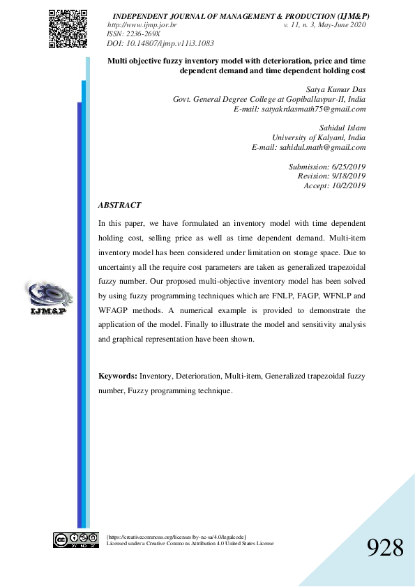 Pdf Multi Objective Fuzzy Inventory Model With Deterioration Price And Time Dependent Demand