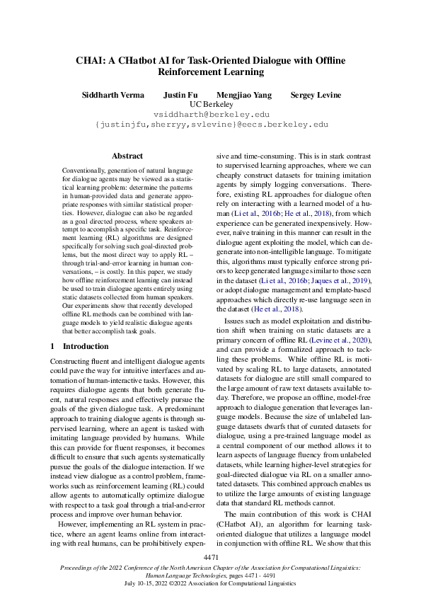 (PDF) CHAI: A CHatbot AI for Task-Oriented Dialogue with Offline Reinforcement Learning