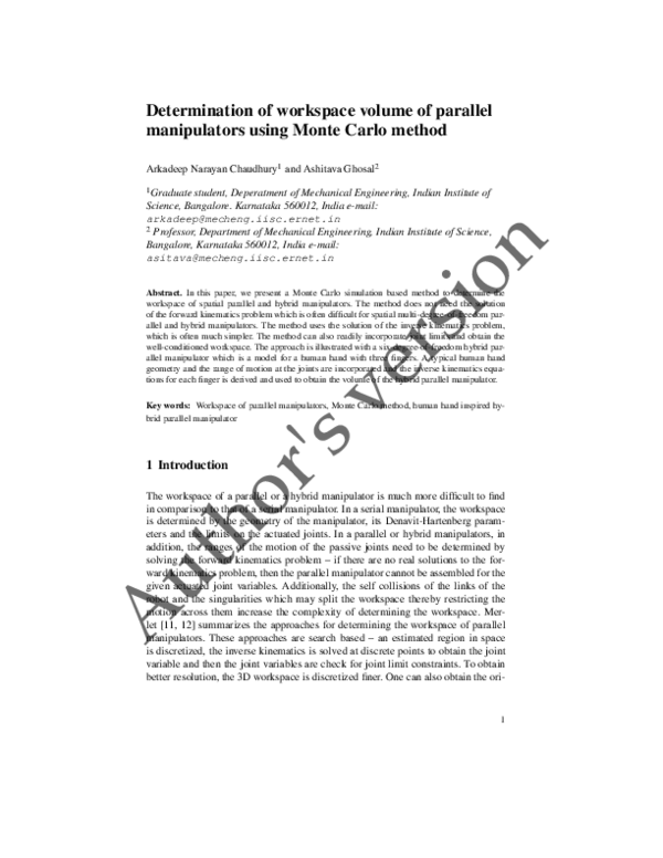(PDF) Determination of Workspace Volume of Parallel Manipulators Using Monte Carlo Method