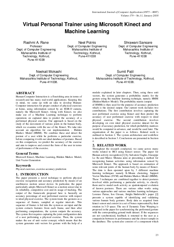 (PDF) Virtual Personal Trainer using Microsoft Kinect and Machine Learning