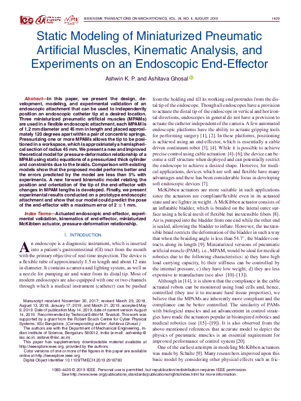 (PDF) Static Modeling of Miniaturized Pneumatic Artificial Muscles, Kinematic Analysis, and ...