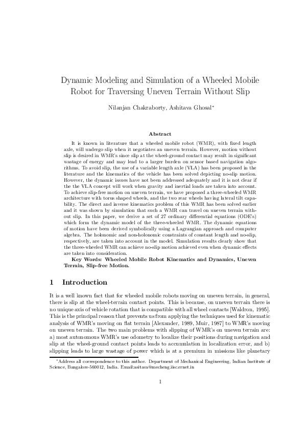 Pdf Dynamic Modeling And Simulation Of A Wheeled Mobile Robot For Traversing Uneven Terrain
