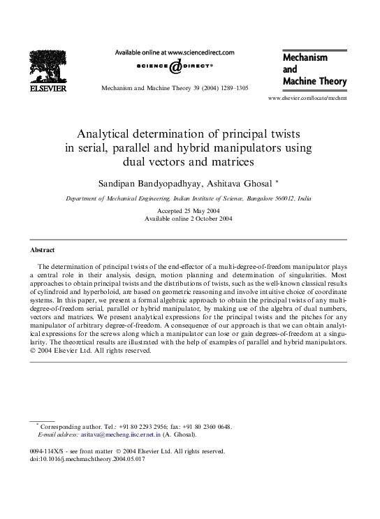 (PDF) Analytical determination of principal twists in serial, parallel and hybrid manipulators ...