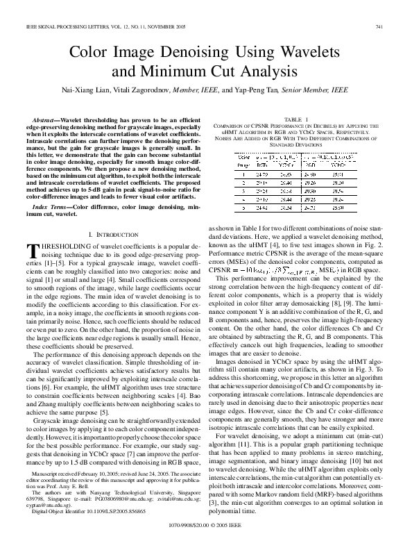 Pdf Color Image Denoising Using Wavelets And Minimum Cut Analysis 2989