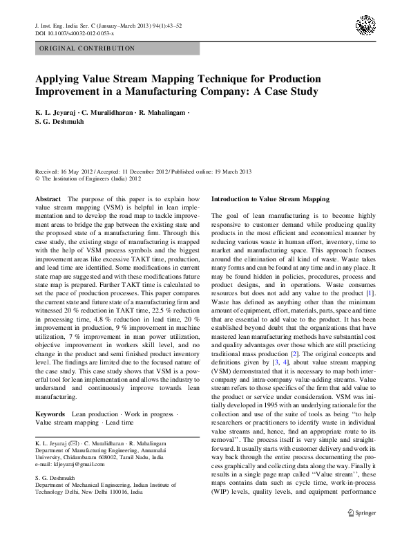 (PDF) Applying Value Stream Mapping Technique for Production Improvement in a Manufacturing ...